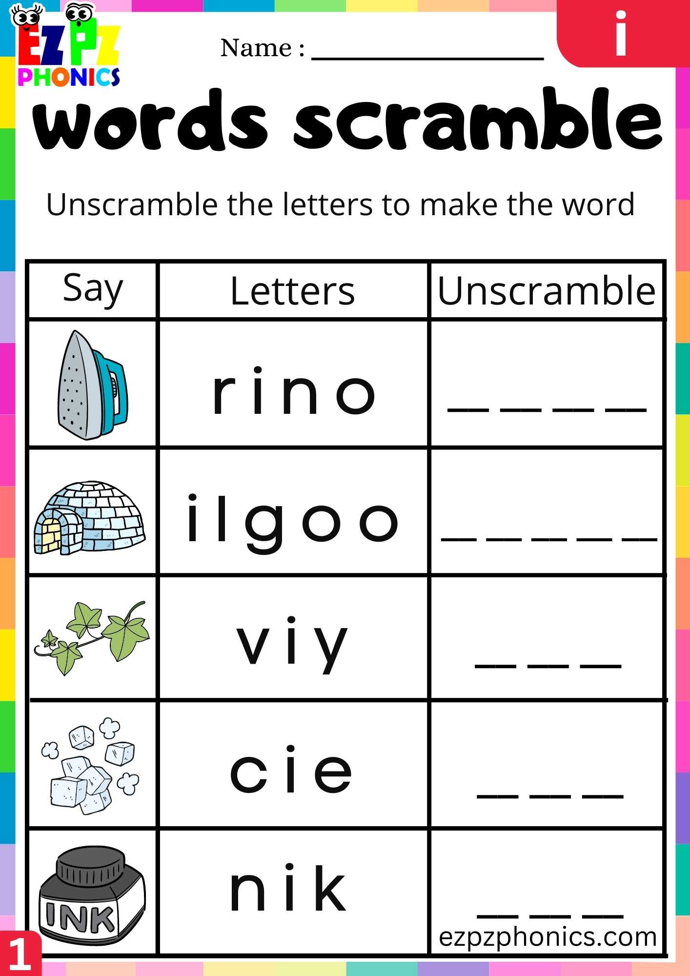 Letter I Words Scramble Beginning Sounds Worksheet - ezpzphonics.com